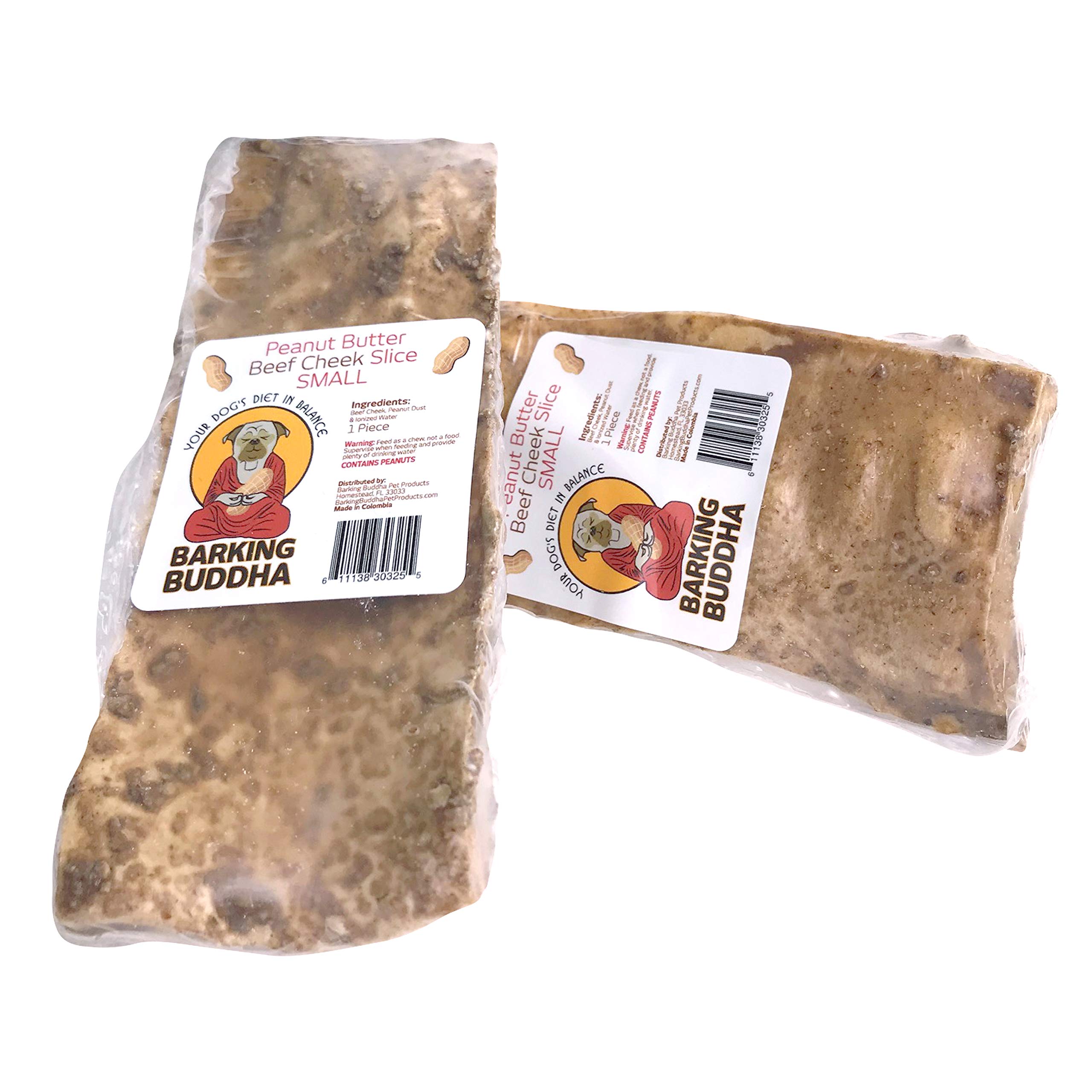 Barking Buddha Beef Cheek Slices | Premium Dog Chews | Extra Thick, All Natural, No Additives, Gluten Free | Peanut Butter - Small 5”-6” - 15 Pack