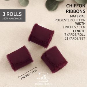 DORIS HOME 3 Rolls 2" x7Yd Fringe Chiffon Ribbon for Flower Bouquet, Handmade Burgundy Ribbon for Gift Wrapping, Frayed Edge Ribbon for Crafts, Decorating, Bouquet Wrap, Wedding Invitation