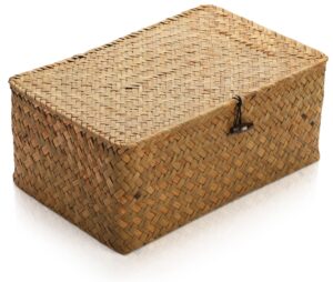 yesland handwoven seagrass rattan storage basket - 11.5'' x 7.5'' x 5'' - brown rectangular makeup organizer container with lid, perfect for decoration, picnic, groceries and toy storage