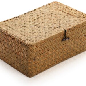 Yesland Handwoven Seagrass Rattan Storage Basket - 11.5'' x 7.5'' x 5'' - Brown Rectangular Makeup Organizer Container with Lid, Perfect for Decoration, Picnic, Groceries and Toy Storage