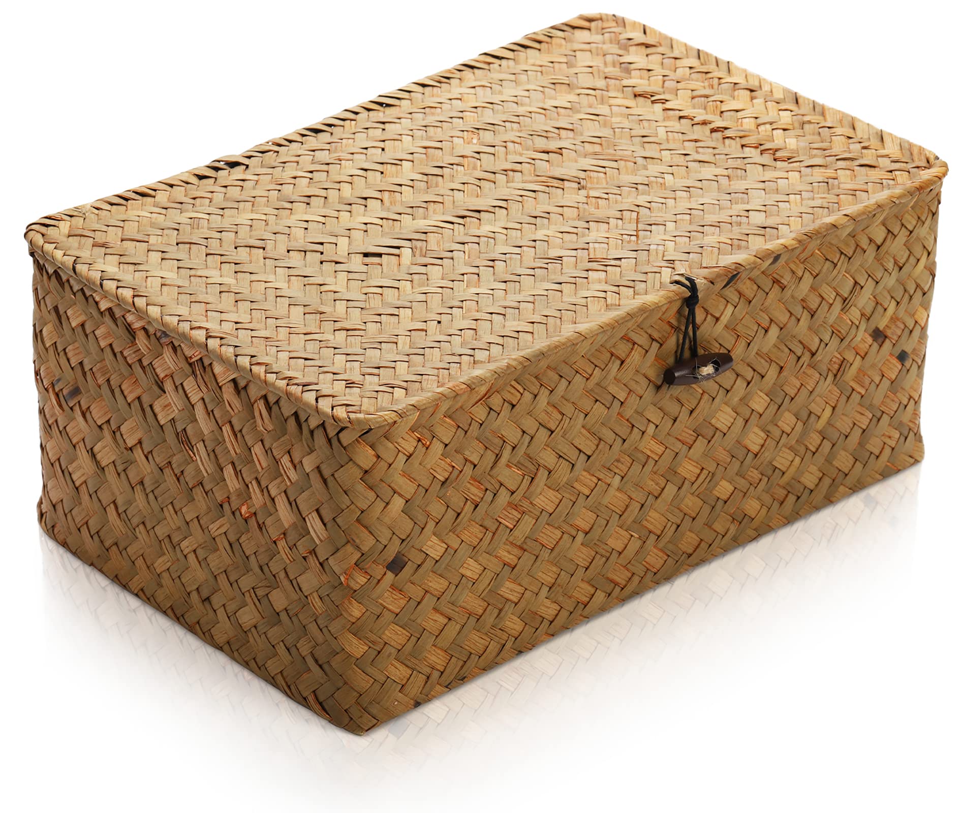 Yesland Handwoven Seagrass Rattan Storage Basket - 11.5'' x 7.5'' x 5'' - Brown Rectangular Makeup Organizer Container with Lid, Perfect for Decoration, Picnic, Groceries and Toy Storage