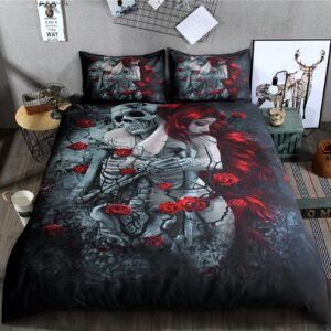 skull halloween duvet cover king - love never dies duvet cover with 2 pillowcases, fun image of vibrant colors, zipper closure, super soft, zhh