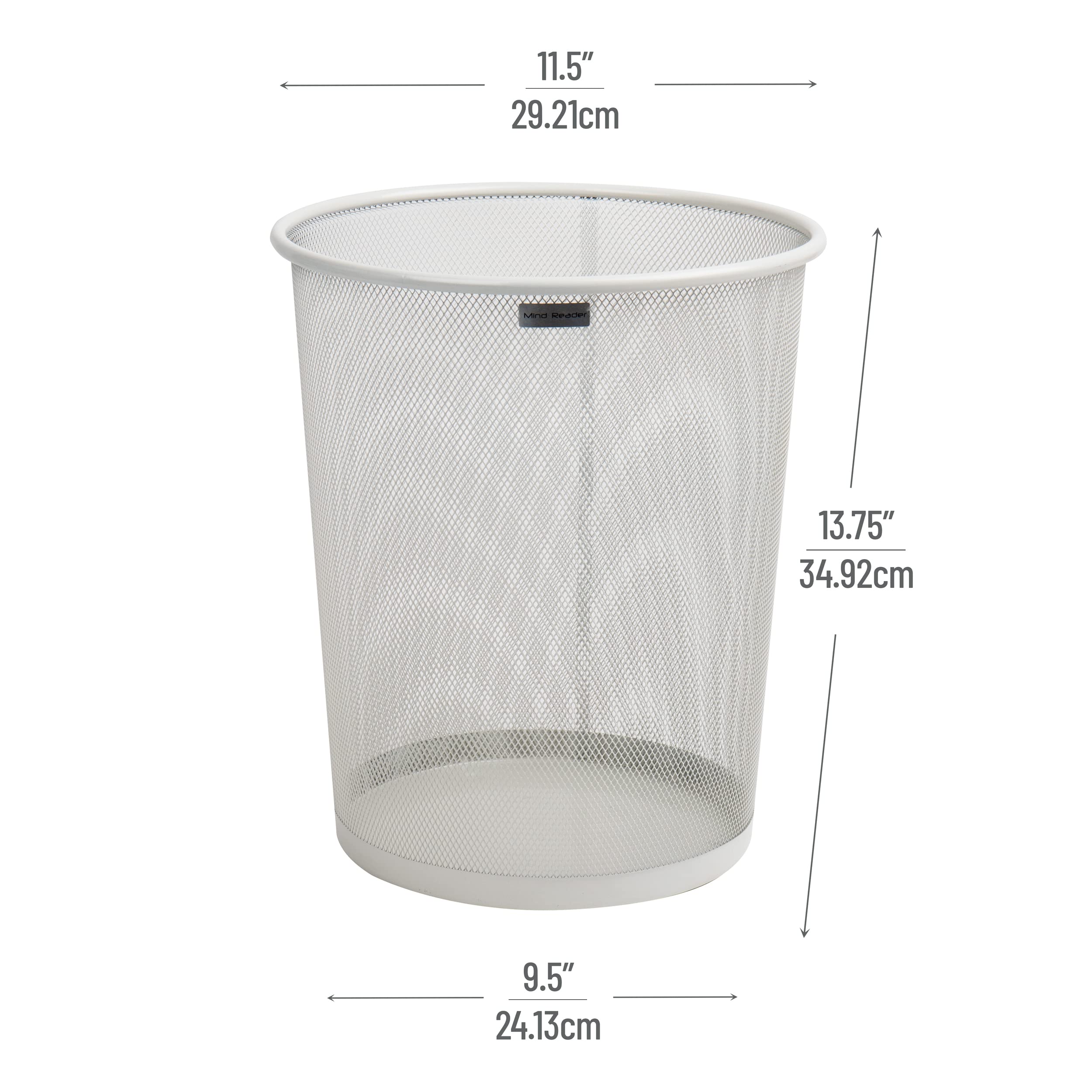 Mind Reader Mesh Trash Can, 16.65L (4.4 gal), Waste Paper Basket, Round, Office, Metal Mesh, 11.5" L x 11.5" W x 13.75" H, White