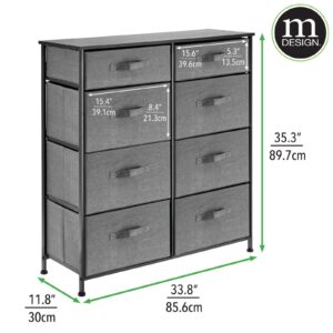 mDesign 35.3" High Steel Frame/Wood Top Storage Dresser Furniture Unit, 8 Removable Slim Fabric Drawers - Tall Bureau Organizer for Bedroom, Living Room, Closet - Lido Collection, Charcoal Gray