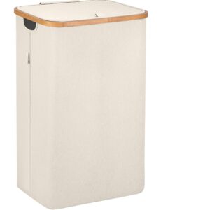 lonbet - laundry hamper with lid cover - sturdy tall bamboo laundry basket clothes organizer - aesthetic bedroom fabric bin - big bathroom dirty clothes hamper - removable bag - xl 100 liters - beige