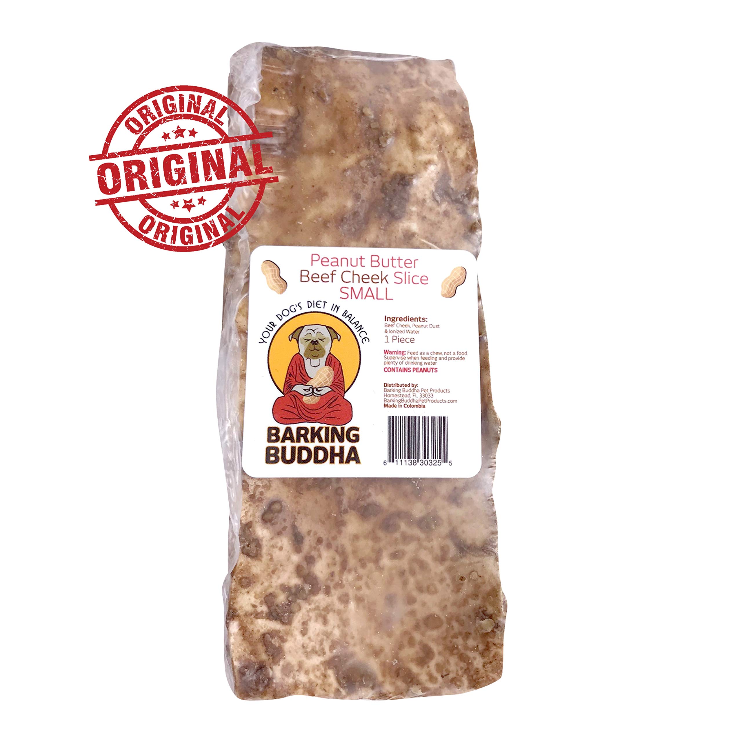 Barking Buddha Beef Cheek Slices | Premium Dog Chews | Extra Thick, All Natural, No Additives, Gluten Free | Peanut Butter - Small 5”-6” - 15 Pack