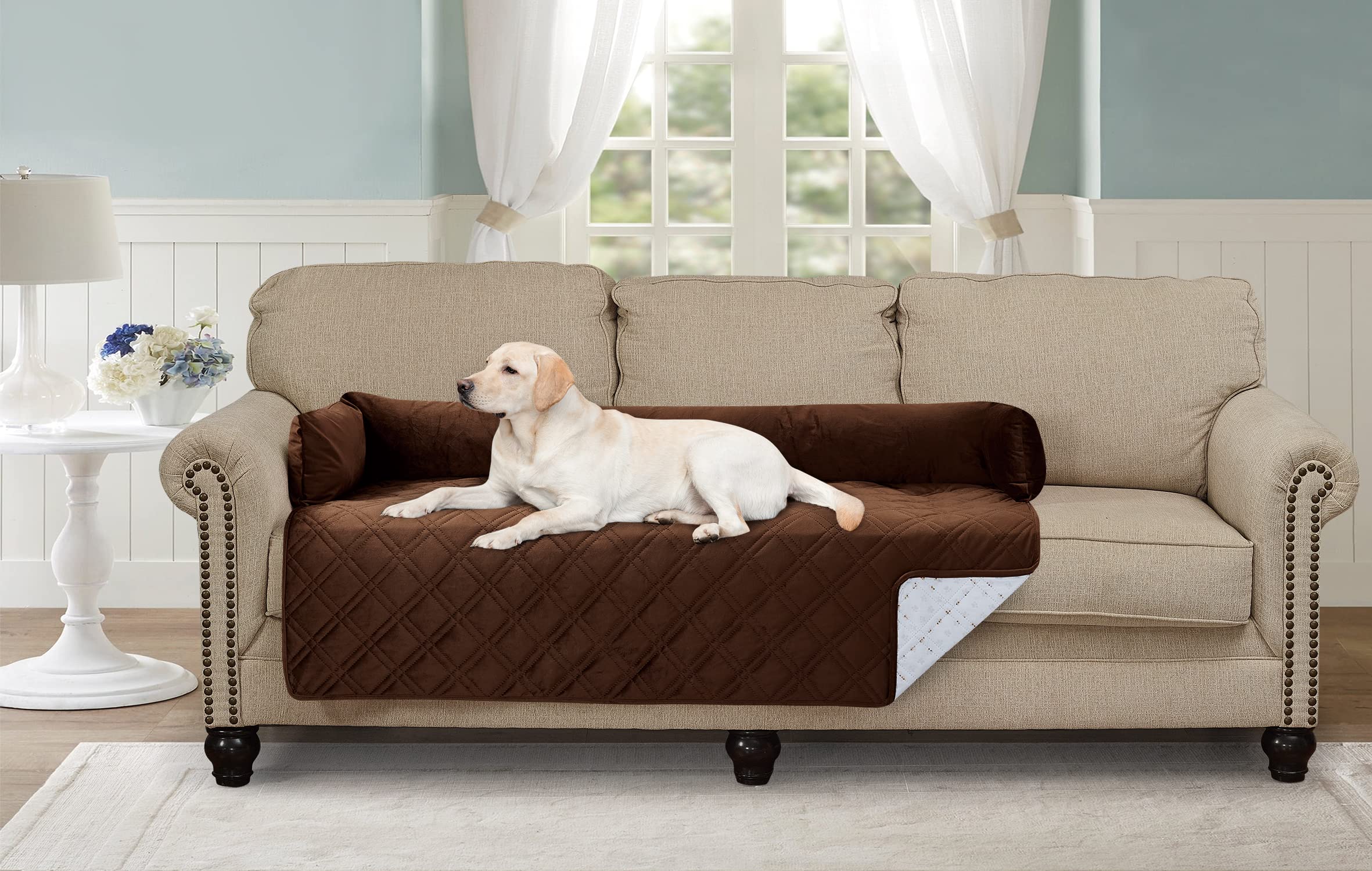 Brilliant Sunshine Premium Chocolate Silky Velvet Pet Sofa Bed, Slip Resistant, Waterproof, Washable Couch Protector with Removable Bolster Cushions, Furniture Covers for Dogs, X-Large, Chocolate