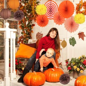 Whaline Fall Thanksgiving Tissue Pom Poms Fall Party Decorations Orange Hanging Paper Fans Flower Pompoms Paper Lantern Maple Leaves Bunting Garland Banner for Birthday Wedding Party Decor, 16Pcs