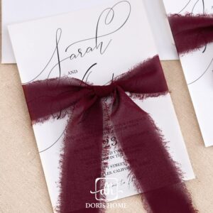 DORIS HOME 3 Rolls 2" x7Yd Fringe Chiffon Ribbon for Flower Bouquet, Handmade Burgundy Ribbon for Gift Wrapping, Frayed Edge Ribbon for Crafts, Decorating, Bouquet Wrap, Wedding Invitation