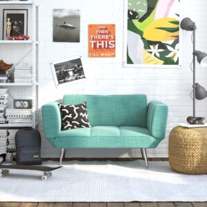 Novogratz Leyla Loveseat with Magazine Storage, Adjustable Sofa Bed Armrests to Convert into a Couch Sleeper, Teal Futon