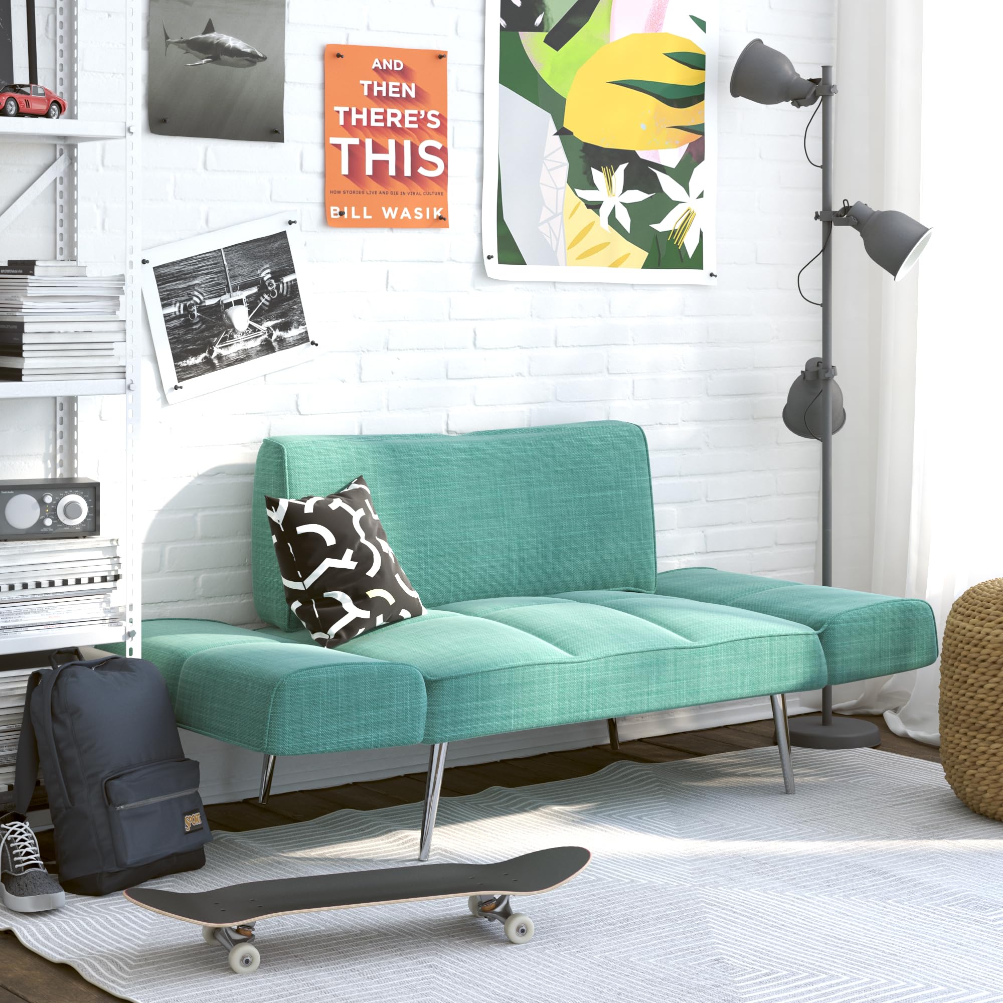 Novogratz Leyla Loveseat with Magazine Storage, Adjustable Sofa Bed Armrests to Convert into a Couch Sleeper, Teal Futon