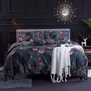 couturebridal green floral duvet cover set king 3 pieces soft microfiber bedding duvet cover with pink flower leaves bird pattern reversible striped bedding set zipper ties