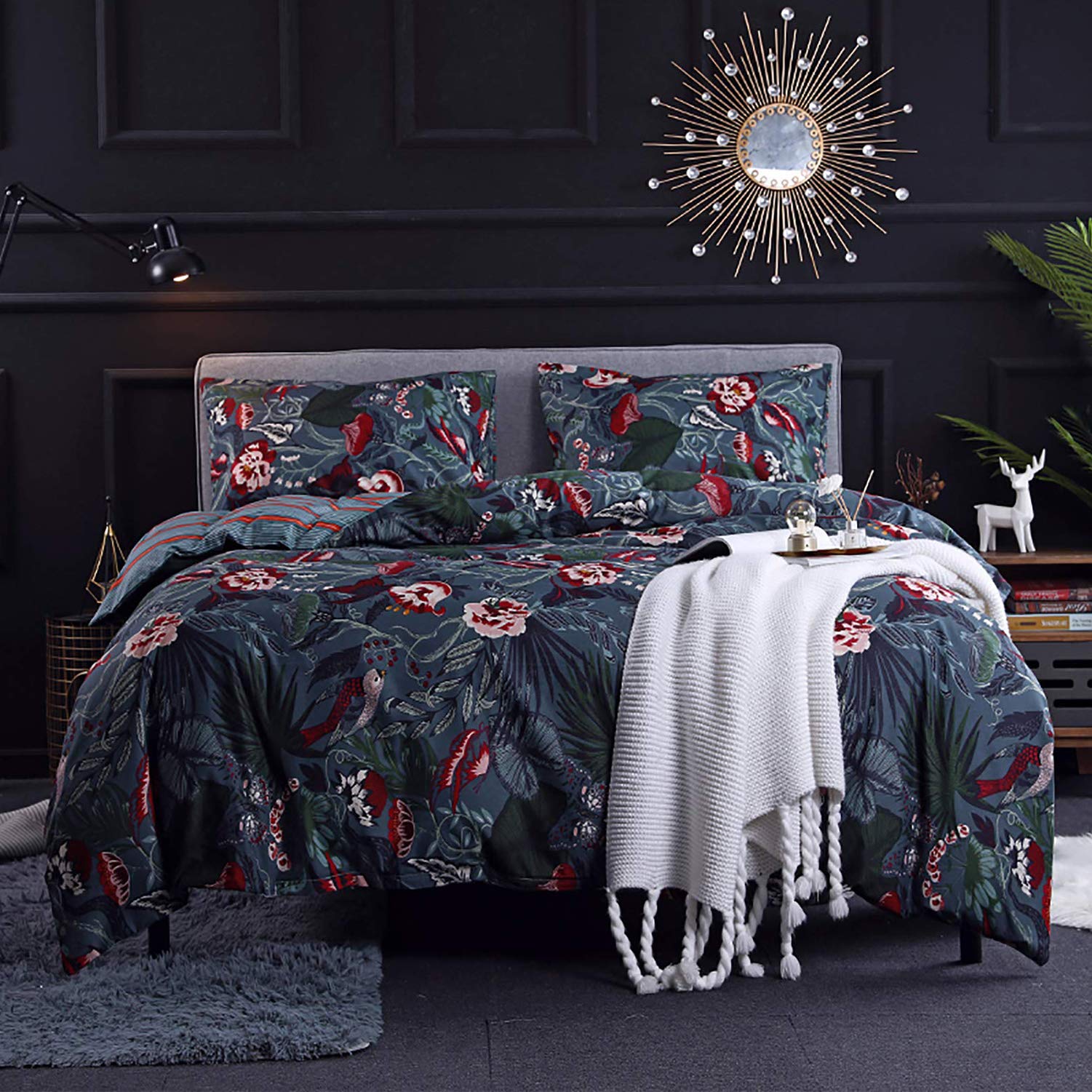 CoutureBridal Green Floral Duvet Cover Set King 3 Pieces Soft Microfiber Bedding Duvet Cover with Pink Flower Leaves Bird Pattern Reversible Striped Bedding Set Zipper Ties