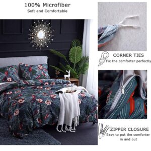 CoutureBridal Green Floral Duvet Cover Set King 3 Pieces Soft Microfiber Bedding Duvet Cover with Pink Flower Leaves Bird Pattern Reversible Striped Bedding Set Zipper Ties