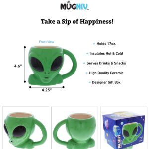 MUGNIV Novelty 3D Green Alien Mug - Cute Cute Coffee Mugs for Women and Men, Funny Coffee Mug Space Gift for Coffee Lovers, Cool Alien Head Fun Glassware Ceramic Mug for Hot and Cold Drinks - 17 Oz