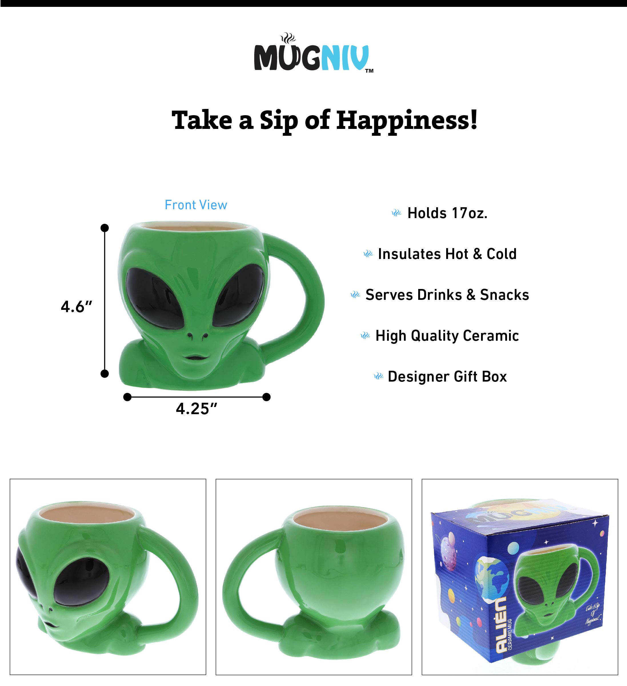 MUGNIV Novelty 3D Green Alien Mug - Cute Cute Coffee Mugs for Women and Men, Funny Coffee Mug Space Gift for Coffee Lovers, Cool Alien Head Fun Glassware Ceramic Mug for Hot and Cold Drinks - 17 Oz