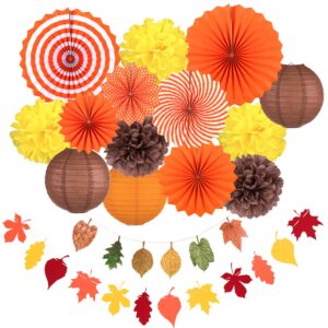 whaline fall thanksgiving tissue pom poms fall party decorations orange hanging paper fans flower pompoms paper lantern maple leaves bunting garland banner for birthday wedding party decor, 16pcs