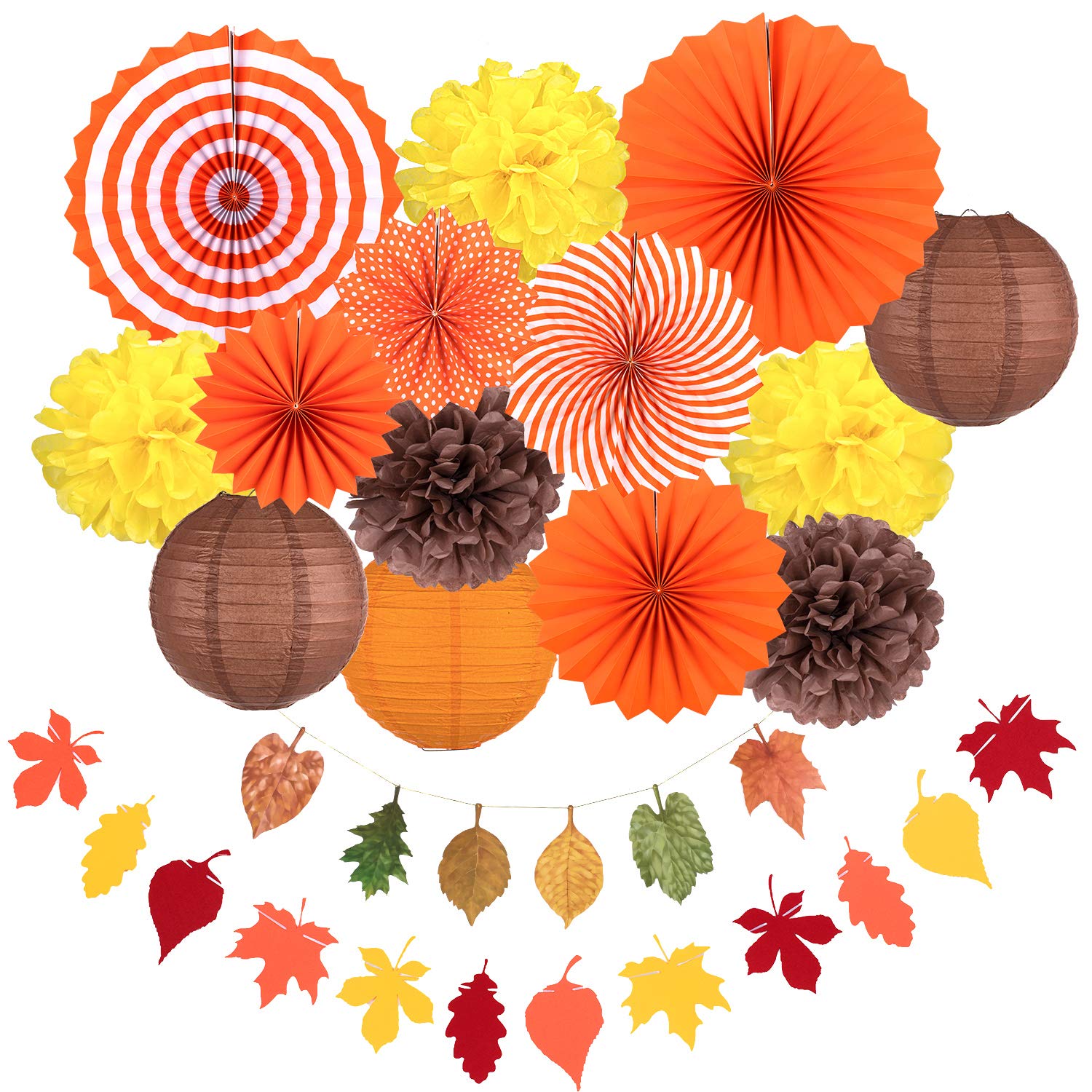 Whaline Fall Thanksgiving Tissue Pom Poms Fall Party Decorations Orange Hanging Paper Fans Flower Pompoms Paper Lantern Maple Leaves Bunting Garland Banner for Birthday Wedding Party Decor, 16Pcs