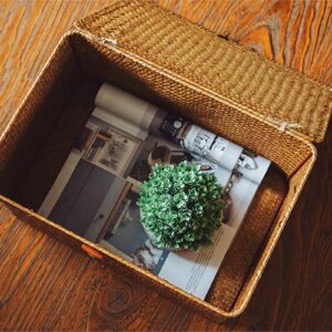 Yesland Handwoven Seagrass Rattan Storage Basket - 11.5'' x 7.5'' x 5'' - Brown Rectangular Makeup Organizer Container with Lid, Perfect for Decoration, Picnic, Groceries and Toy Storage