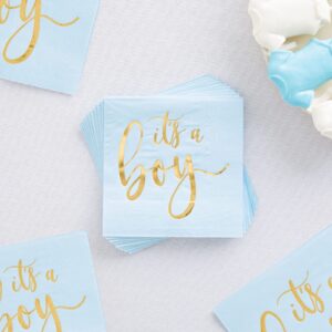 50 Pack Its a Boy Baby Shower Cocktail Napkins Party Supplies, Blue with Gold Foil Table Decorations (5 x.5 Inches)