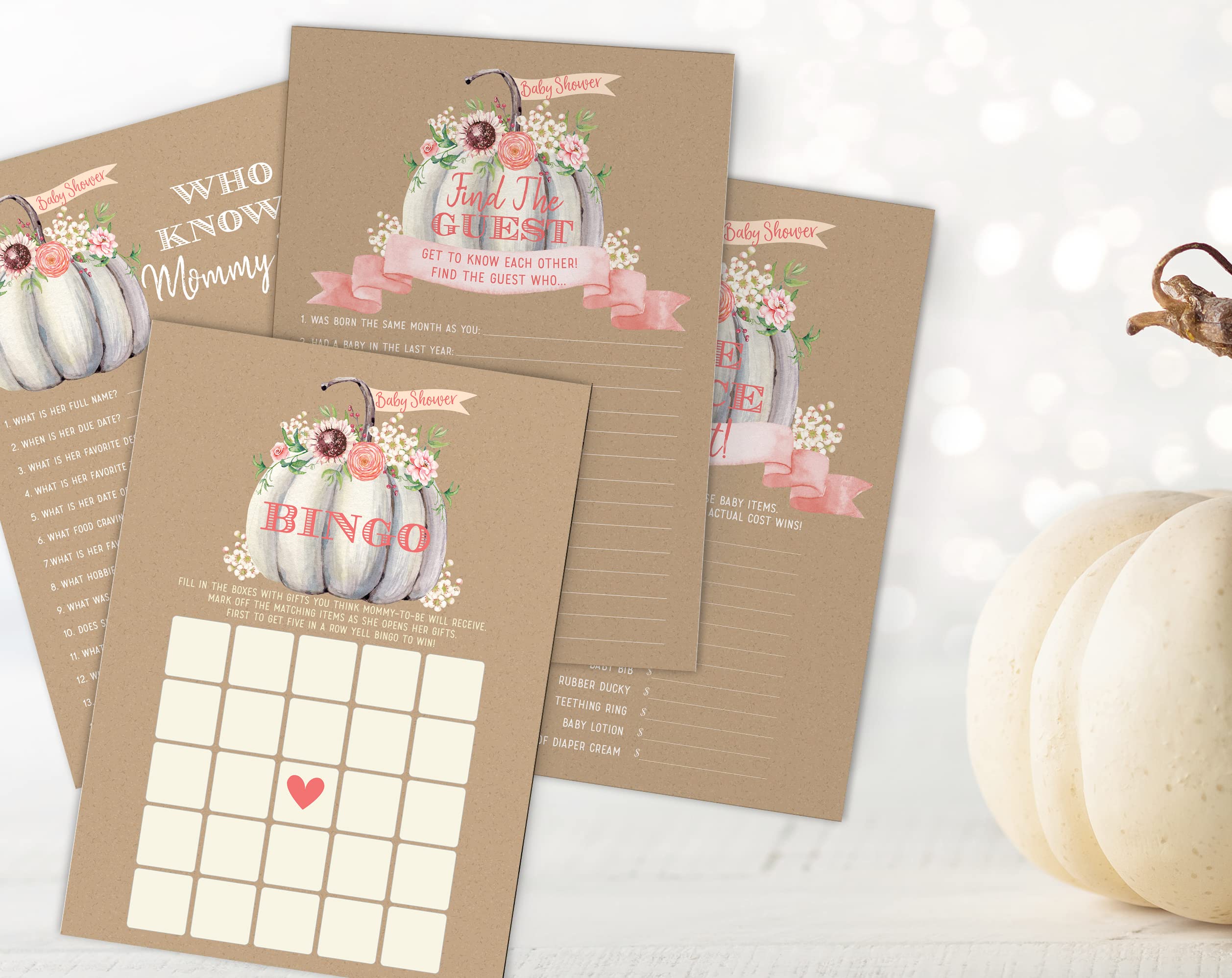 Your Main Event Prints Fall Pumpkin Baby Shower Games - Neutral Yellow - Bingo, Find The Guest, The Price is Right, Who Knows Mommy Best - 25 Games Each, Printed Front and Back, 1 Game Per Side