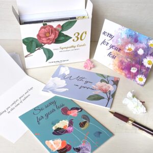 Sympathy Cards with Envelopes and Stickers, 30 Unique Designs with Messages Inside, Large 5x7 Inch Folded Condolence Cards, Thick Cardstock in a Sturdy Box