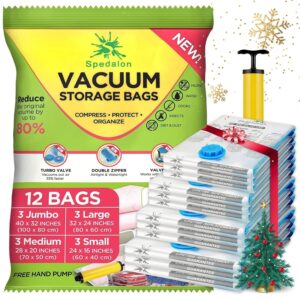 spedalon 12 vacuum storage bags for clothes - jumbo, large, medium & small - space saver vacuum bags for comforters, blankets, bedding, pillow - cruise travel essentials, seal bags clothing with pump