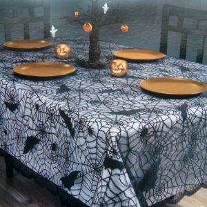 Rectangular Halloween Tablecloth, Halloween Bat Spider Web Tablecloth Decor, Black Lace Tablecloth Bat Cobweb Table Cover for Halloween Party Décor Dinner Spooky Meals Decoration, 60" x 104"