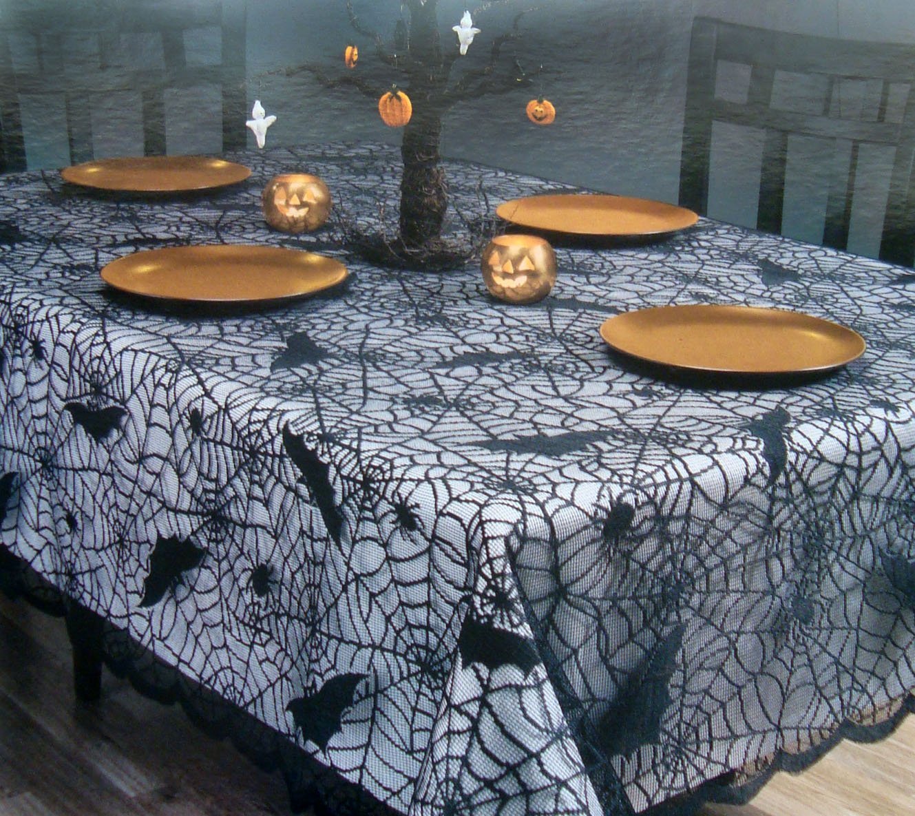 Rectangular Halloween Tablecloth, Halloween Bat Spider Web Tablecloth Decor, Black Lace Tablecloth Bat Cobweb Table Cover for Halloween Party Décor Dinner Spooky Meals Decoration, 60" x 104"