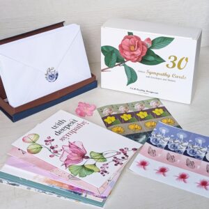 Sympathy Cards with Envelopes and Stickers, 30 Unique Designs with Messages Inside, Large 5x7 Inch Folded Condolence Cards, Thick Cardstock in a Sturdy Box