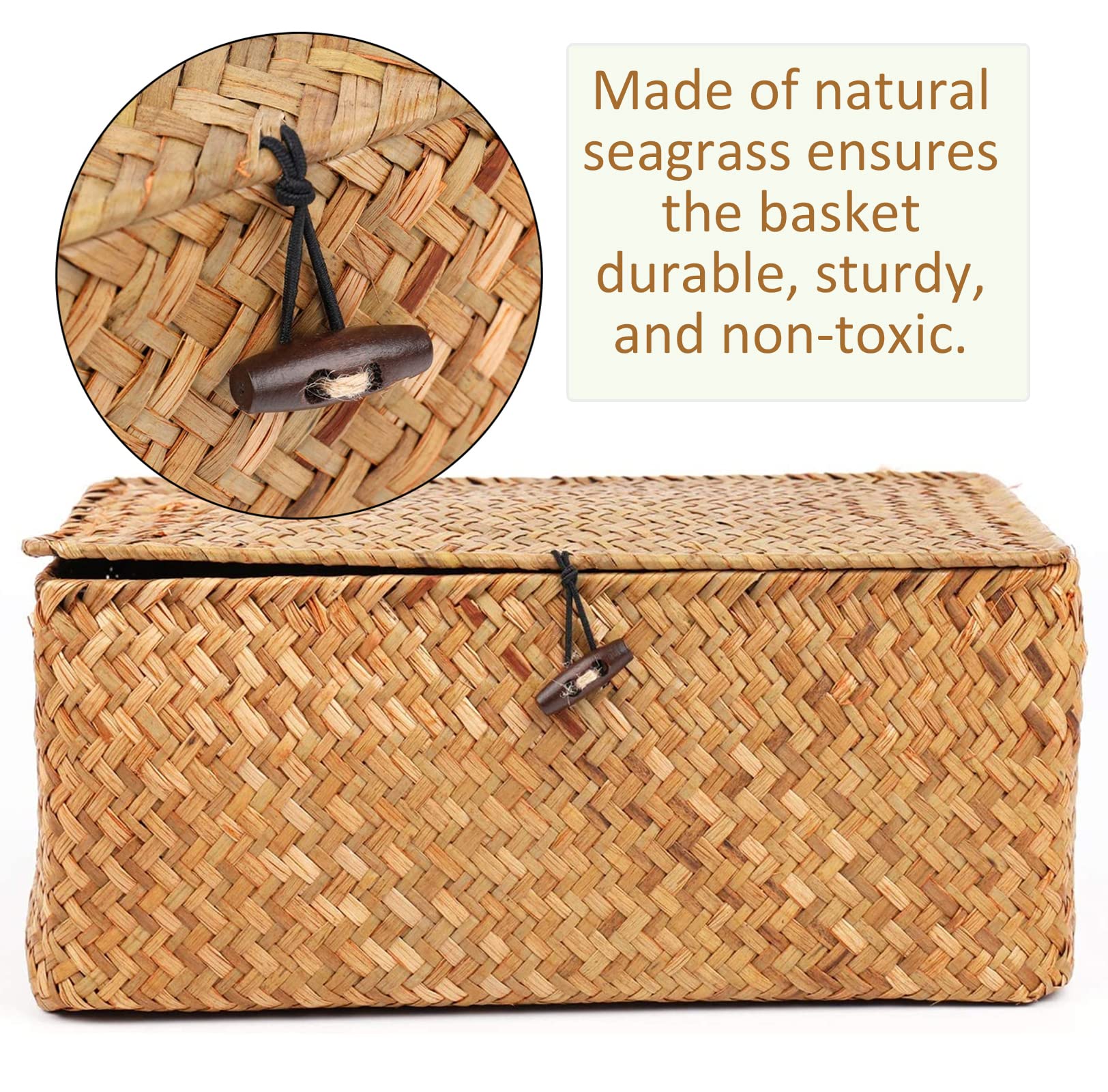 Yesland Handwoven Seagrass Rattan Storage Basket - 11.5'' x 7.5'' x 5'' - Brown Rectangular Makeup Organizer Container with Lid, Perfect for Decoration, Picnic, Groceries and Toy Storage