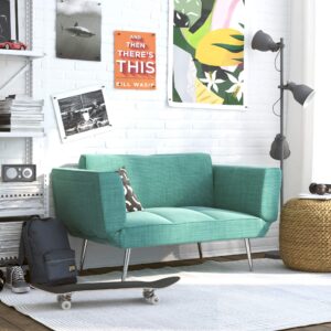 novogratz leyla loveseat with magazine storage, adjustable sofa bed armrests to convert into a couch sleeper, teal futon