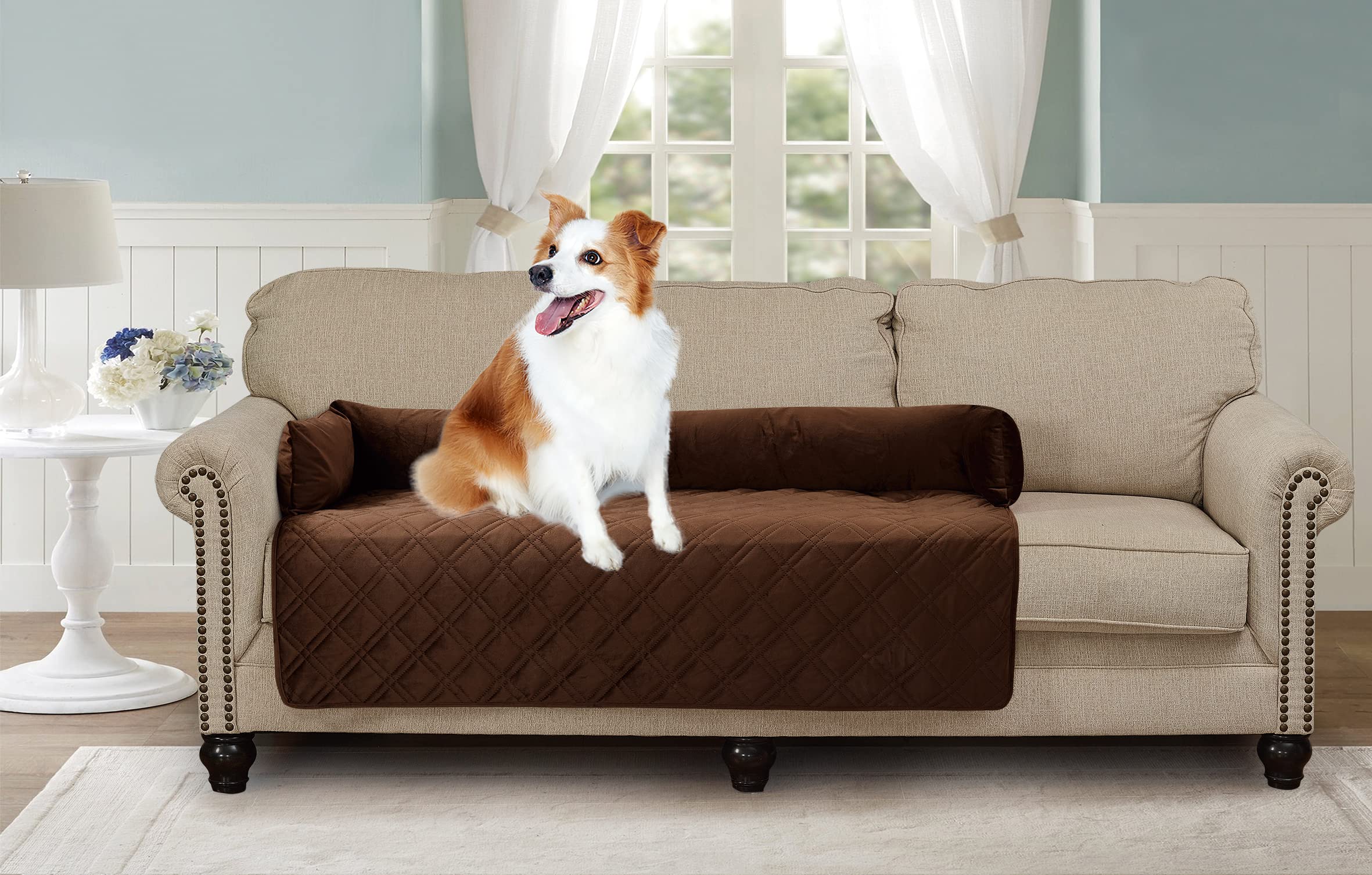 Brilliant Sunshine Premium Chocolate Silky Velvet Pet Sofa Bed, Slip Resistant, Waterproof, Washable Couch Protector with Removable Bolster Cushions, Furniture Covers for Dogs, X-Large, Chocolate