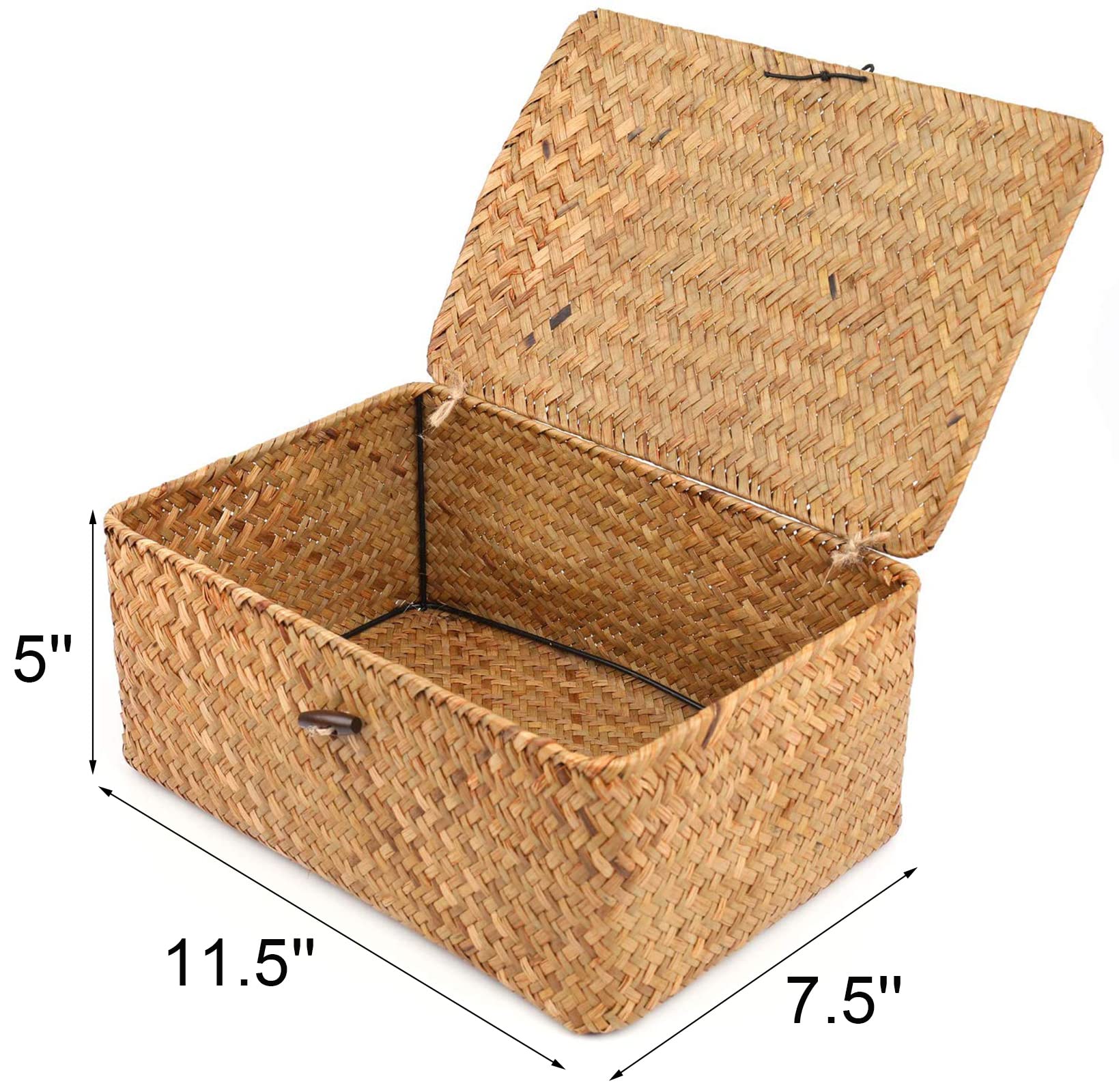 Yesland Handwoven Seagrass Rattan Storage Basket - 11.5'' x 7.5'' x 5'' - Brown Rectangular Makeup Organizer Container with Lid, Perfect for Decoration, Picnic, Groceries and Toy Storage