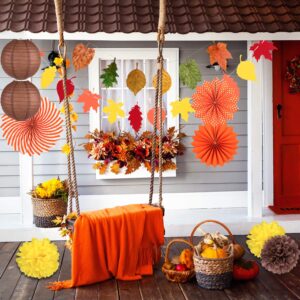 Whaline Fall Thanksgiving Tissue Pom Poms Fall Party Decorations Orange Hanging Paper Fans Flower Pompoms Paper Lantern Maple Leaves Bunting Garland Banner for Birthday Wedding Party Decor, 16Pcs