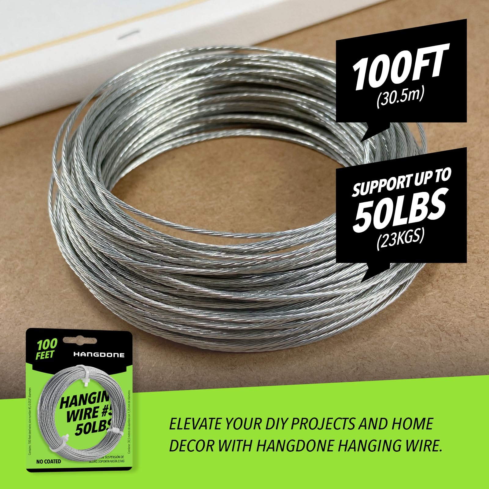 HANGDONE Picture Hanging Wire #5 50lbs 100-Feet, Flexible Steel Wire 16 Gauge for Hang Up Frame/Painting and Mirror