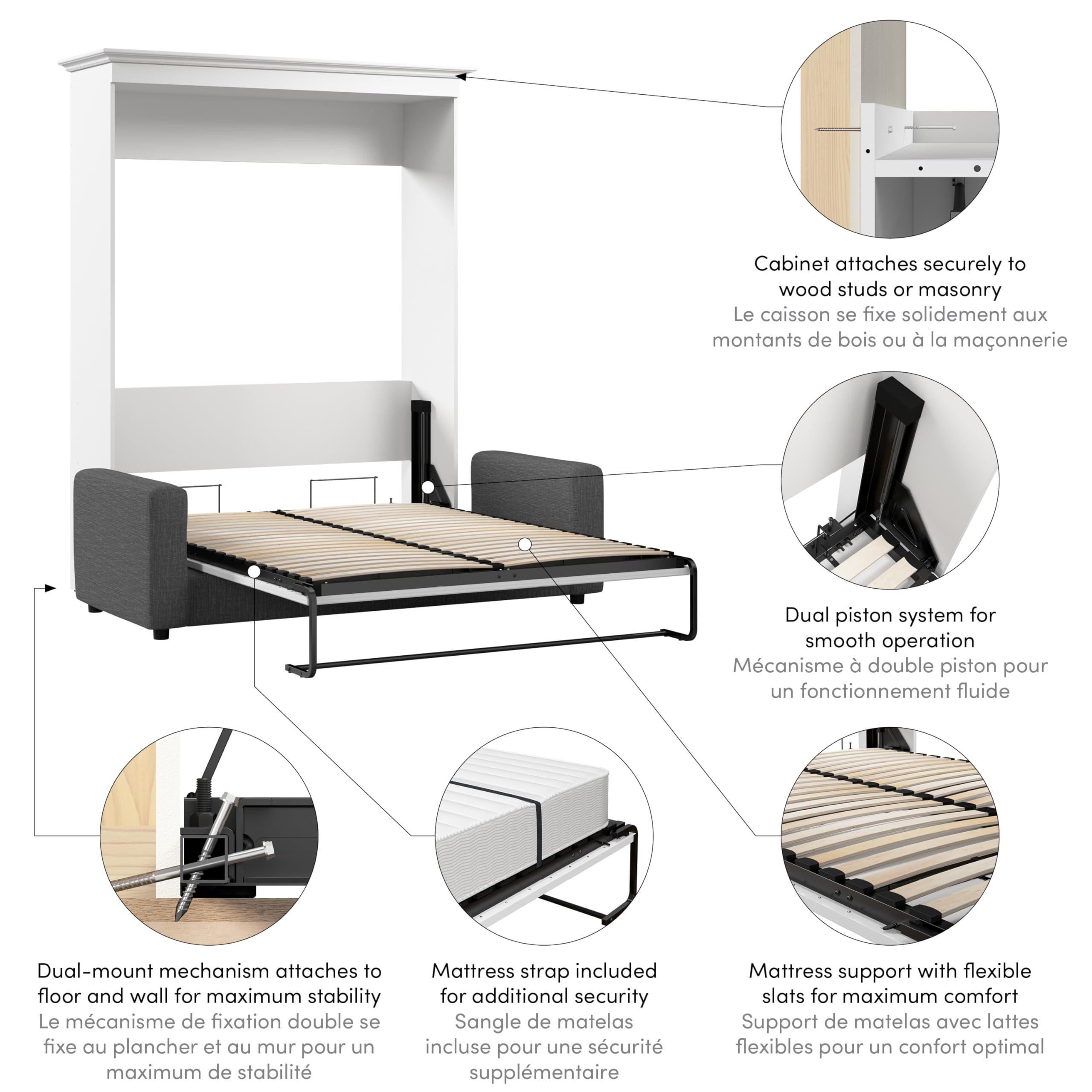 Bestar Versatile Queen Murphy Bed with Sofa, White 78-inch Space-Saving Wall Bed for Multipurpose Guest Room