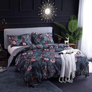 CoutureBridal Green Floral Duvet Cover Set King 3 Pieces Soft Microfiber Bedding Duvet Cover with Pink Flower Leaves Bird Pattern Reversible Striped Bedding Set Zipper Ties