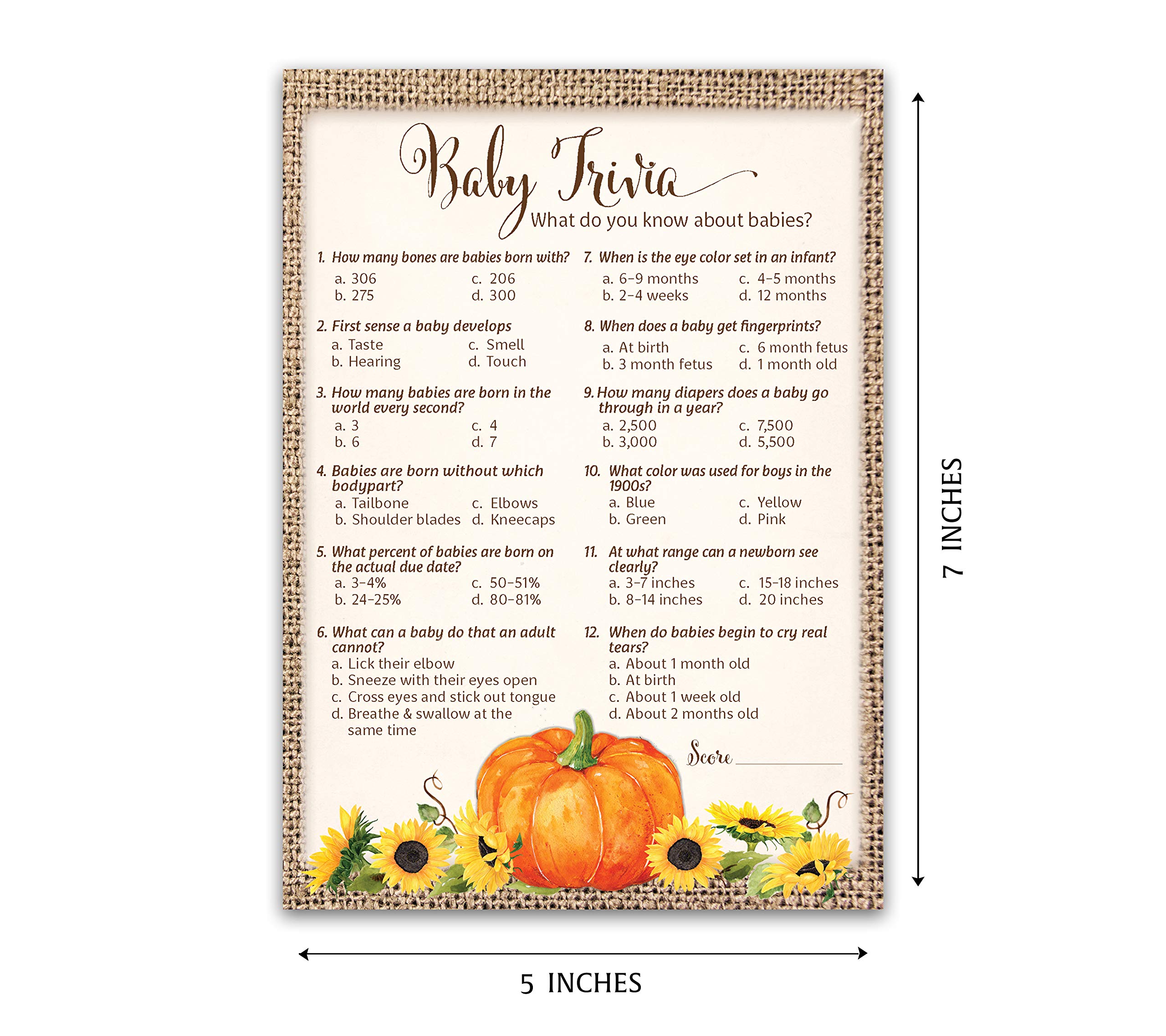 PUMPKIN Baby Shower Game, Pumpkins BABY TRIVIA Game — Pack of 25 — FALL Baby Shower, Rustic GENDER NEUTRAL Baby Shower Games, Little Pumpkin Autumn Fall Baby Halloween baby party games SKU G331-TRV