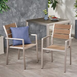 GDFStudio Outdoor Modern Aluminum Dining Chair with Faux Wood Seat (Set of 2), Natural and Silver