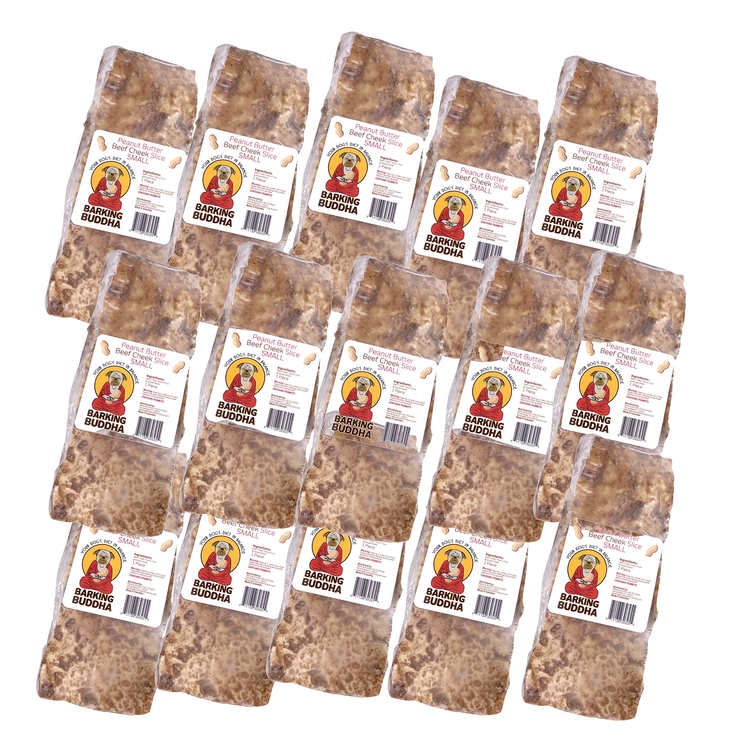 Barking Buddha Beef Cheek Slices | Premium Dog Chews | Extra Thick, All Natural, No Additives, Gluten Free | Peanut Butter - Small 5”-6” - 15 Pack