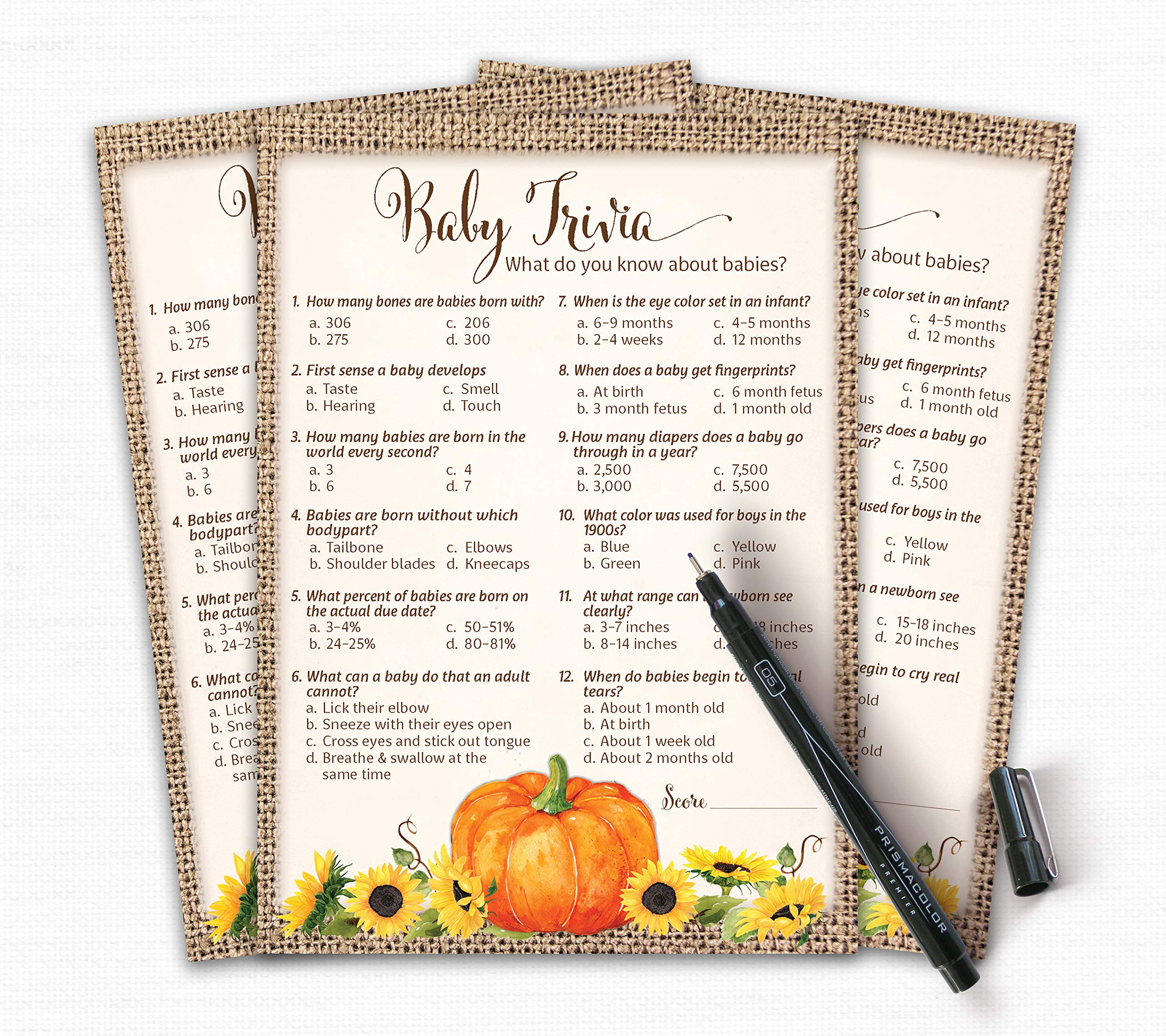 PUMPKIN Baby Shower Game, Pumpkins BABY TRIVIA Game — Pack of 25 — FALL Baby Shower, Rustic GENDER NEUTRAL Baby Shower Games, Little Pumpkin Autumn Fall Baby Halloween baby party games SKU G331-TRV