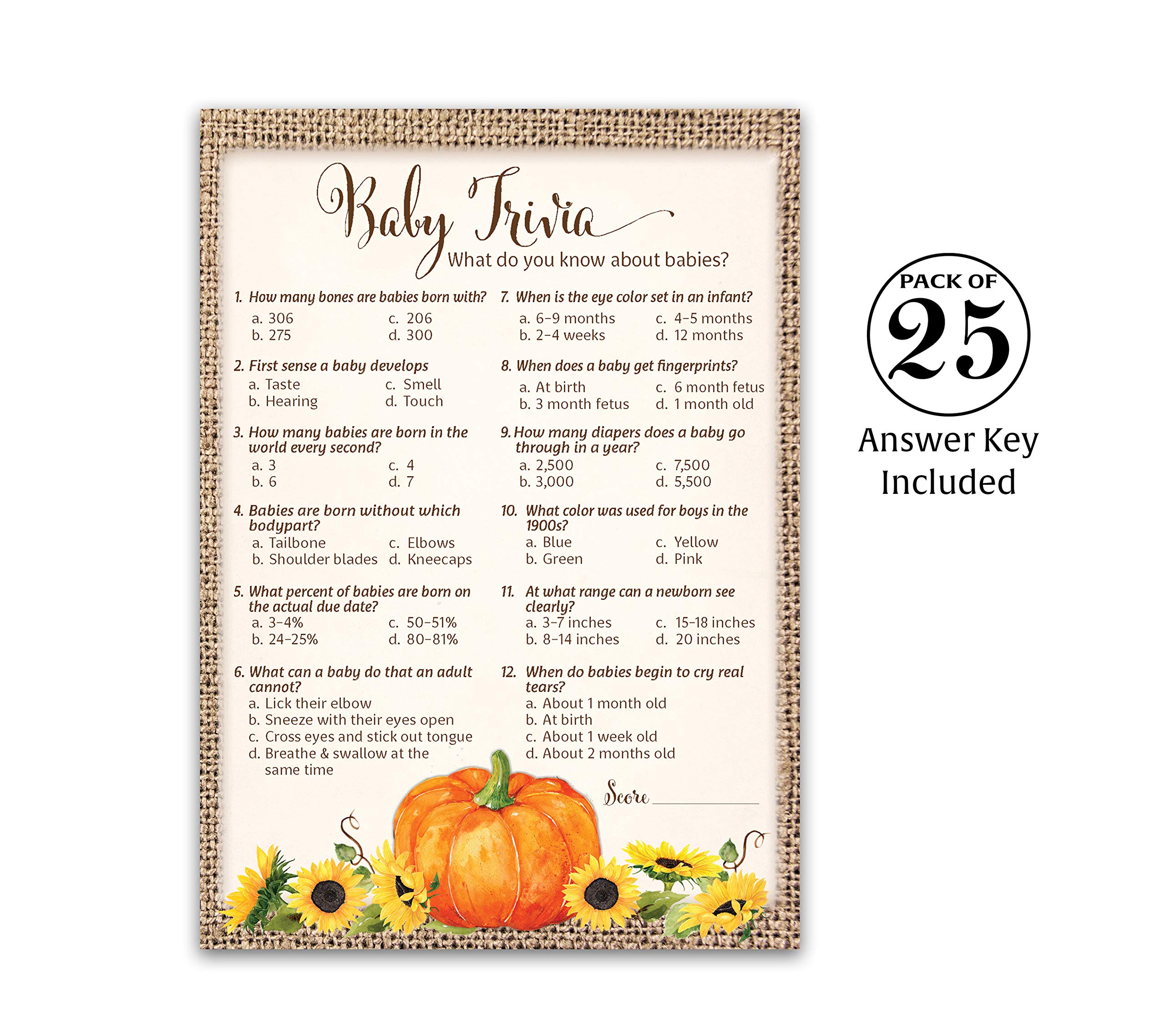 PUMPKIN Baby Shower Game, Pumpkins BABY TRIVIA Game — Pack of 25 — FALL Baby Shower, Rustic GENDER NEUTRAL Baby Shower Games, Little Pumpkin Autumn Fall Baby Halloween baby party games SKU G331-TRV