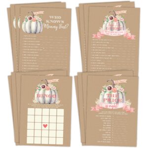 your main event prints fall pumpkin baby shower games - neutral yellow - bingo, find the guest, the price is right, who knows mommy best - 25 games each, printed front and back, 1 game per side