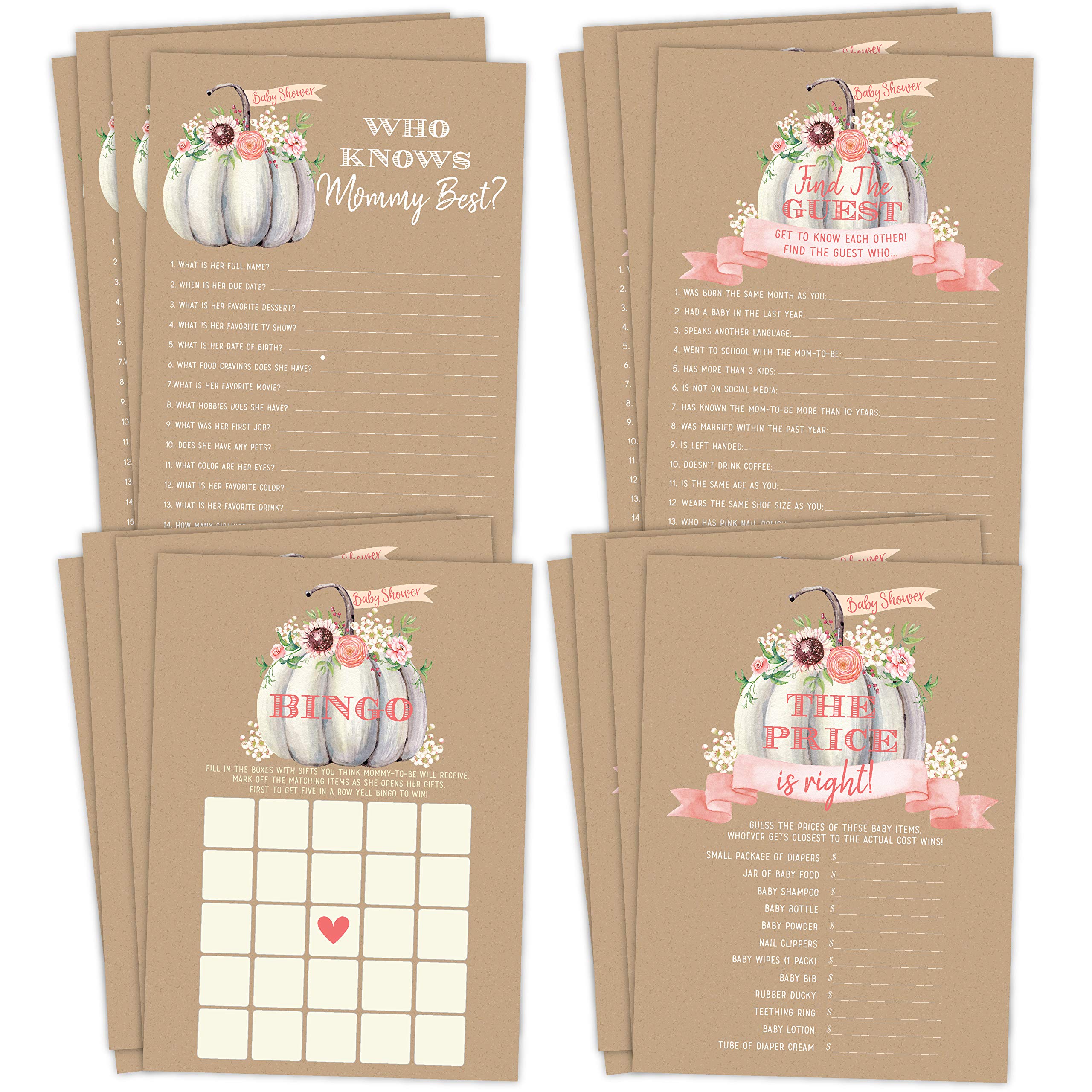 Your Main Event Prints Fall Pumpkin Baby Shower Games - Neutral Yellow - Bingo, Find The Guest, The Price is Right, Who Knows Mommy Best - 25 Games Each, Printed Front and Back, 1 Game Per Side