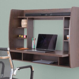 Basicwise Wall Mount Laptop Office Desk with Shelves, Brown,