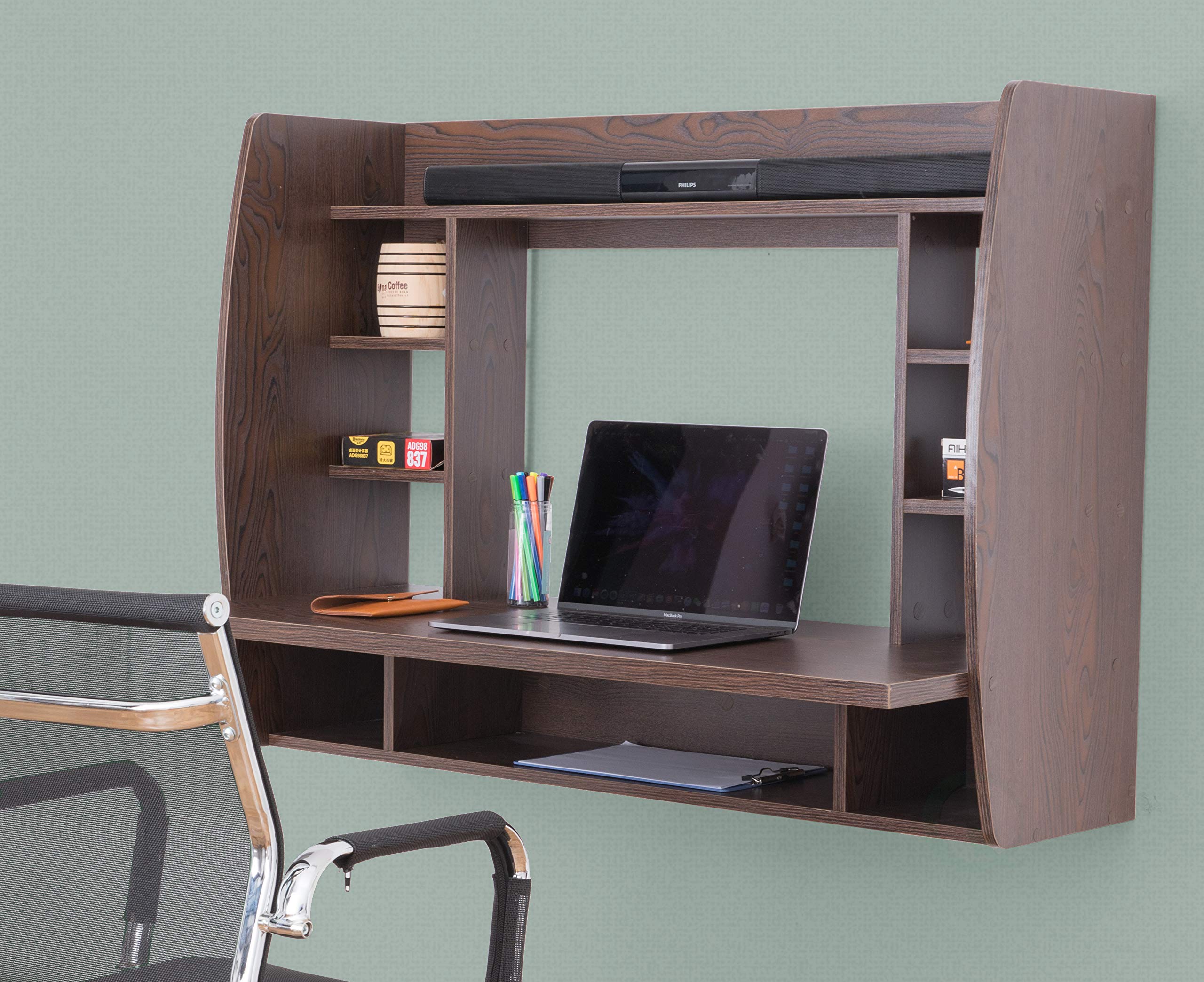 Basicwise Wall Mount Laptop Office Desk with Shelves, Brown,