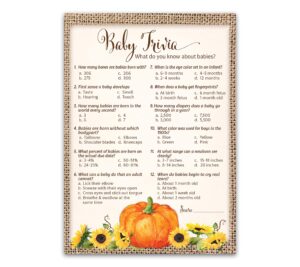 pumpkin baby shower game, pumpkins baby trivia game — pack of 25 — fall baby shower, rustic gender neutral baby shower games, little pumpkin autumn fall baby halloween baby party games sku g331-trv