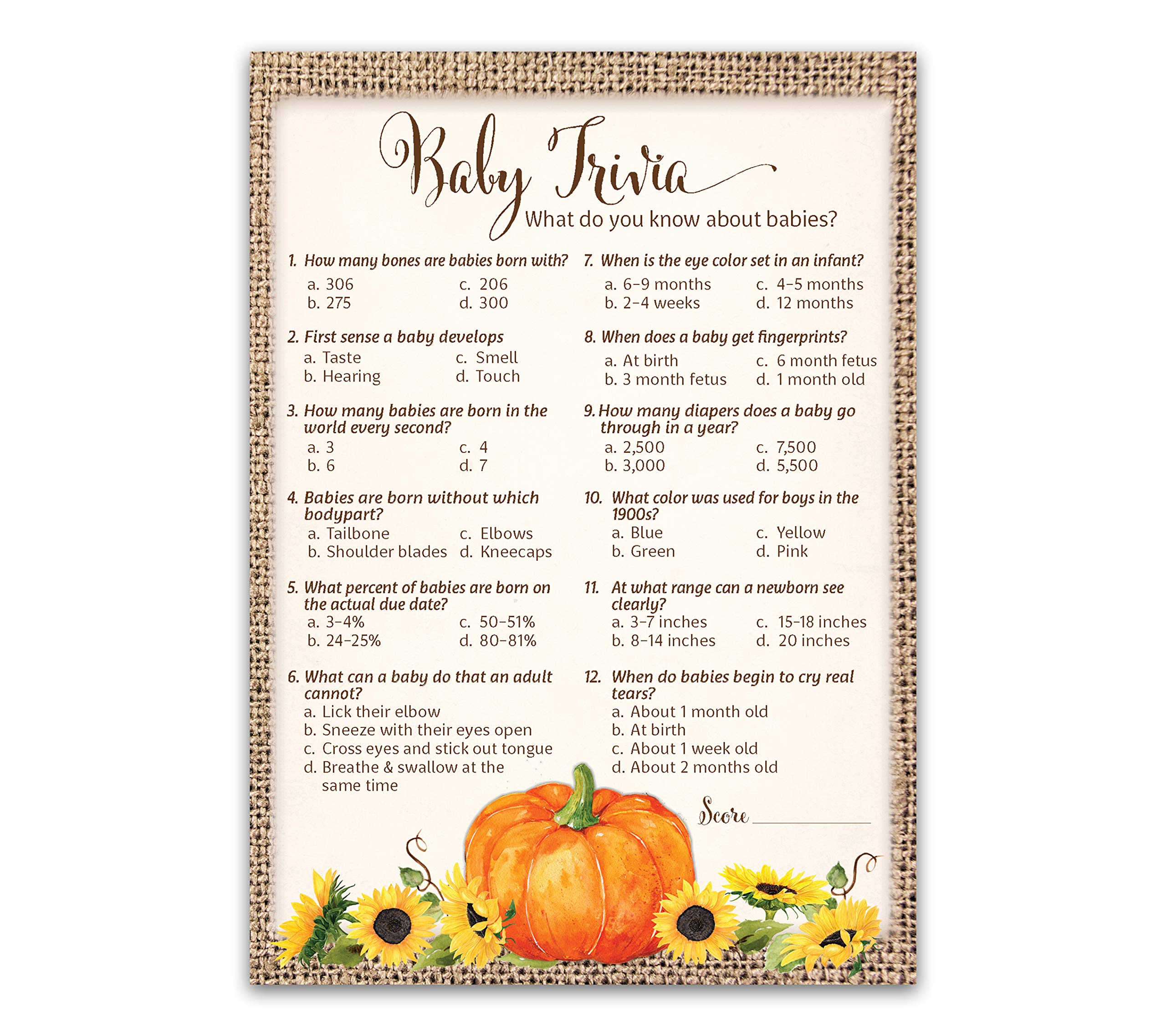 PUMPKIN Baby Shower Game, Pumpkins BABY TRIVIA Game — Pack of 25 — FALL Baby Shower, Rustic GENDER NEUTRAL Baby Shower Games, Little Pumpkin Autumn Fall Baby Halloween baby party games SKU G331-TRV