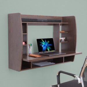 Basicwise Wall Mount Laptop Office Desk with Shelves, Brown,